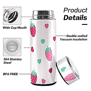 CaTaKu Cute Heart Strawberry Water Bottle Insulated 16 oz Stainless Steel Flask Thermos Bottle for Coffee Water Drink Reusable Wide Mouth Vacuum Travel Mug