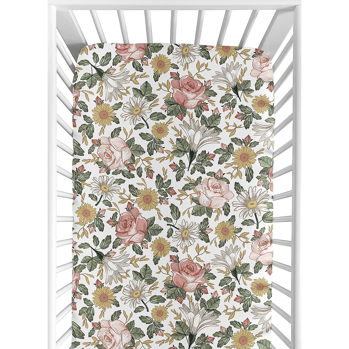 Sweet Jojo Designs Vintage Floral Boho Girl Cotton Fitted Crib Sheet Baby or Toddler Bed Nursery - Blush Pink, Yellow, Green and White Shabby Chic Rose Flower Farmhouse 100% Cotton