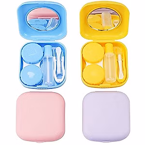 QVVQ 4PCS Contact Lens Case, Colorful Contact Lens Box Holder Container, Outdoor Mini Contact Lens Soak Storage Kit With Mirror For Travel&Home (Yellow, Pink, Blue Purple)
