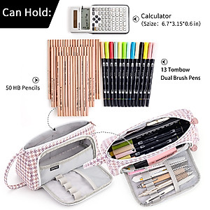 EASTHILL Big Capacity Pencil Case Canvas High Large Storage Pouch Marker Pen Case Simple Stationery Bag School College Office Organizer for Teens Girls Adults Student-Plaid Pink