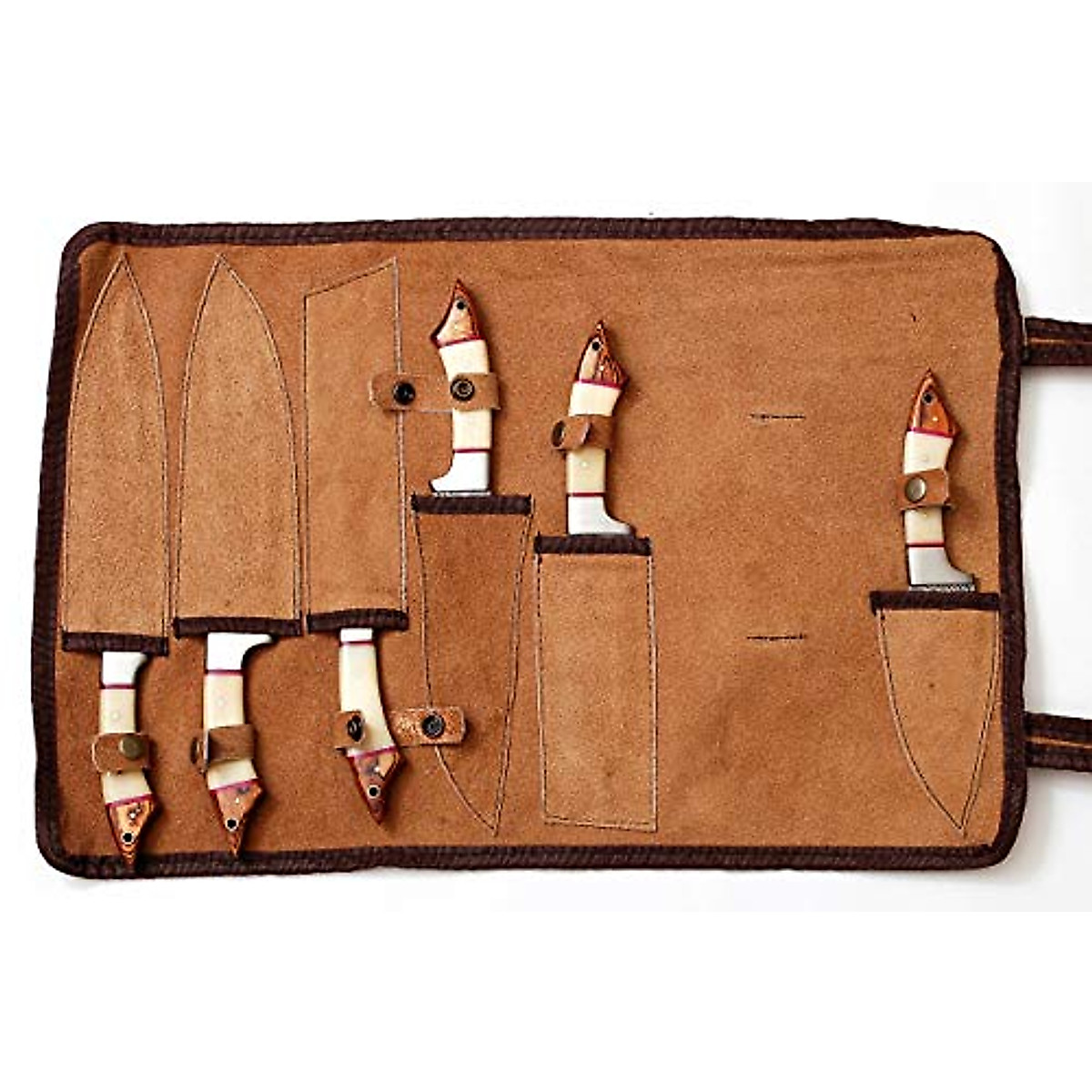 Randy,Custom made damascus steel kitchen/chef's knife set with leather roll bag DR-1061-B-6.