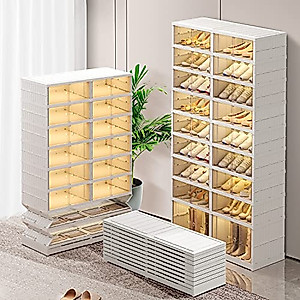 CIMLORD 9-Tier Foldable Shoe Rack Organizer for Closet 18-36Pairs Plastic Collapsible Shoes Storage Box Clear Shoe Boxes Stackable with Door Easy Assembly Shoe Cabinet Bins with Lids Large