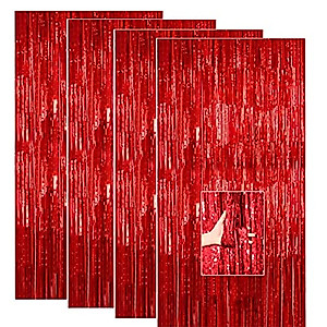 GAKA Red Foil Curtains Metallic Fringe Curtains 3.2ft x 9.8ft Metallic Tinsel Shimmer Curtain for Birthday Wedding Engagement Bridal Shower Celebration Party Decorations（4 Pack）