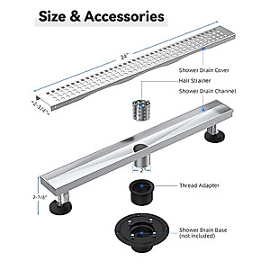 HTOH Shower Drain, Linear Shower Drain 24 Inch(Brushed Nickel),Modern 304 Stainless Steel Shower Floor Drain with Grate Removable, Adjustable Leveling Feet, Rectangular Shower Drain