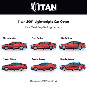 Titan Jet Black Poly 210T Car Cover for Sedans 186-202". Waterproof, UV Protection, Scratch Resistant, Driver-Side Zippered Opening. Fits Camry, Accord and More.