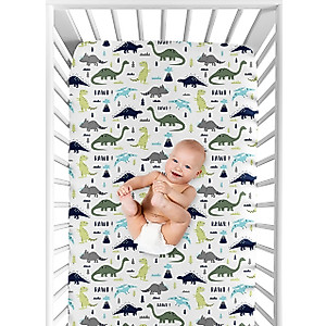 Sweet JoJo Designs Mod Dino Boy Jersey Stretch Knit Baby Fitted Crib Sheet for Soft Toddler Bed Nursery - Blue, Green and Grey Modern Dinosaur