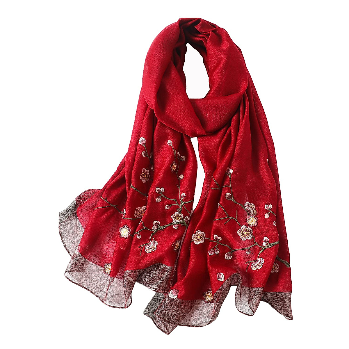 WINCESS YU Women Mulberry Silk Scarf Long & Large Embroidered Floral Pattern Shawl and Wraps Neckerchief for Hair & Neck