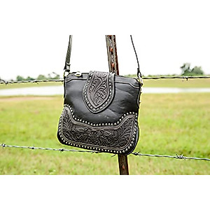 Concealed Carry Tooled Leather Crossbody Purse - Black