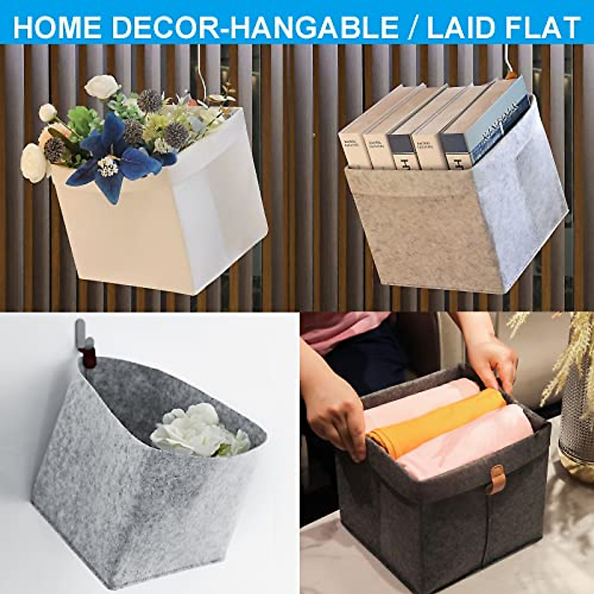 MILILOVE 3Pcs Felt Storage Basket 9x9x10 Cube, Fabric Cloth Storage Bin, Collapsible Organizer with Handle for Cloth Toys Fordable Bin for Bedroom Playroom Office (3)