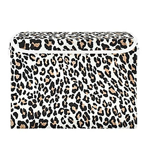 DOMIKING Brown Black Leopard Collapsible Rectangular Storage Bins with Lids Decorative Lidded Basket for Toys Organizers Fabric Storage Boxes with Handles for Home Toys Organizers Clothes and Books