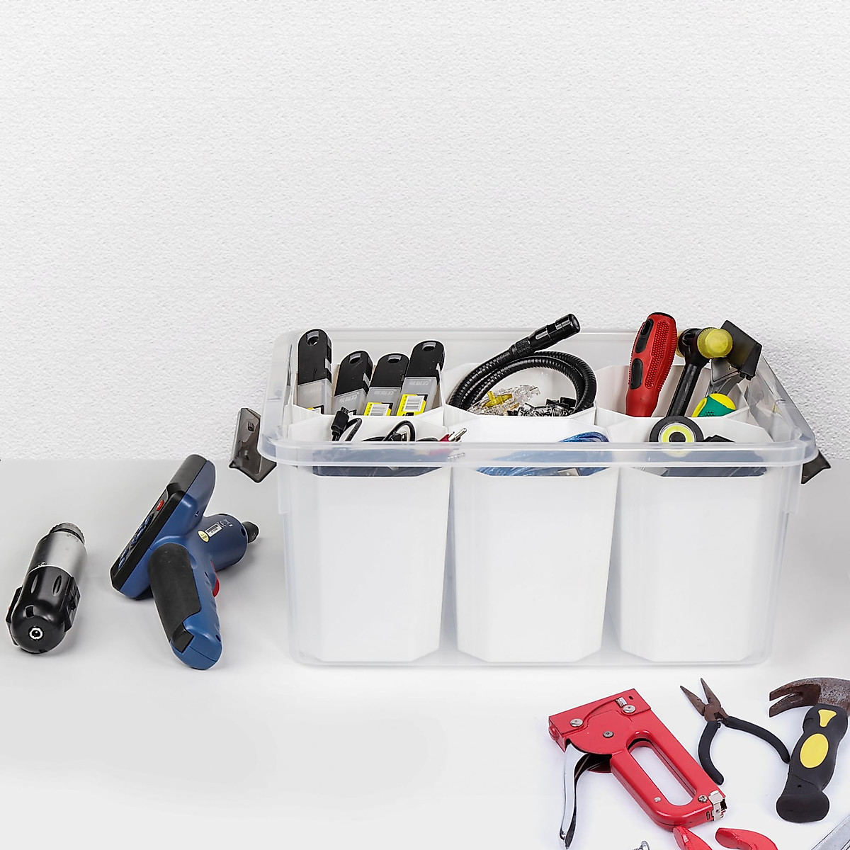 Tiawudi 2 Pack 17 QT Plastic Storage Containers with Lid, Art Supply Storage Organizer with 6 Detachable Inserts, Clear Stackable Storage Box for Craft, Lego, Crayon, Sewing, Bead and Tool