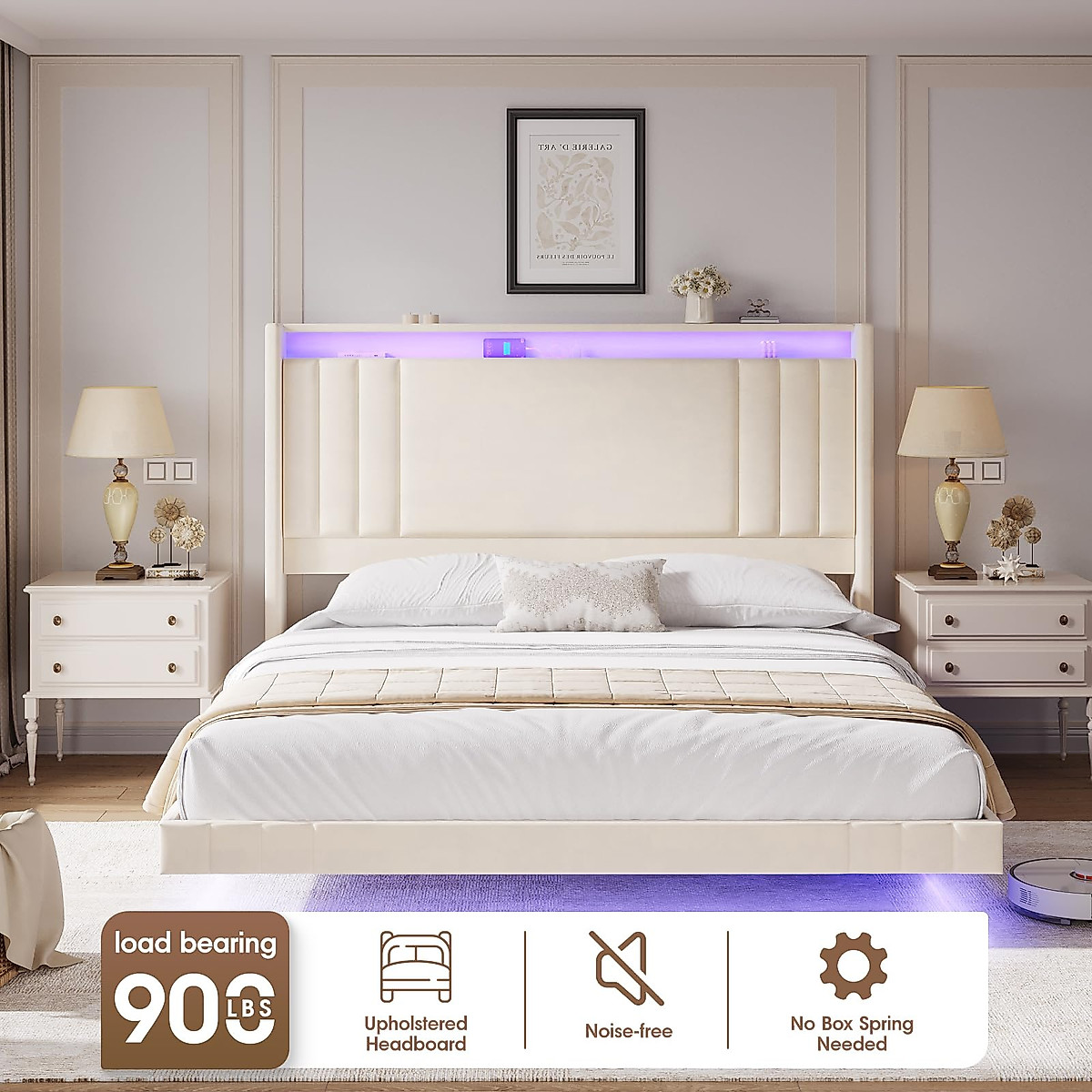 Fameill Queen Size Floating Bed Frame with 50.8" Tall Headboard, LED Upholstered Platform Bed with Charging Station, Metal Platform Bed Frame with Upholstered Storage Headboard, Noise-Free, Beige