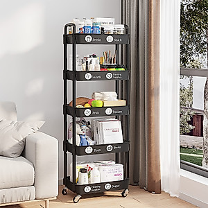 UDEAR 5-Tier Rolling Utility Cart with 12 Category Labels,Multifunctional Storage Shelves with Handle and Lockable Wheels for Room,Office,Kitchen,Bathroom,Black
