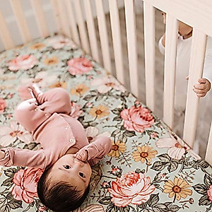 Fitted Crib Sheet - Garden Floral Pattern Design, Woven 100% Cotton (Sea Foam, Regular (28x52x9) in)