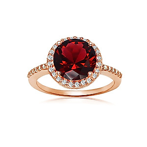 Ice Gems Rose Gold Flashed Silver Simulated Garnet and Cubic Zirconia Round Halo Ring, Size 6