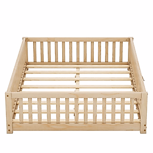 DNYN Full Size Floor Bed for Kids Bedroom,Solid Wood Bedframe w/Door/Safety Guardrails/Wood Slat Support/Easy Assemble/Space Saving Design/No Box Spring Needed, Natural