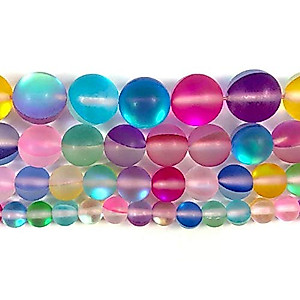 Beadalgo - Frosted Aura Crystal Mermaid Glass Beads 6mm, 8mm, 10mm, 12mm - 15 inch Strand (Rainbow, 10 mm)