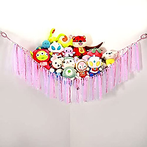 Stuffed Animal Net or Hammock with LED Light, Toy Hammock Hanging Stuffed Animal Storage Organizer Holder for Nursery Playroom Bedroom Kids Room Toy Storage (Pink)