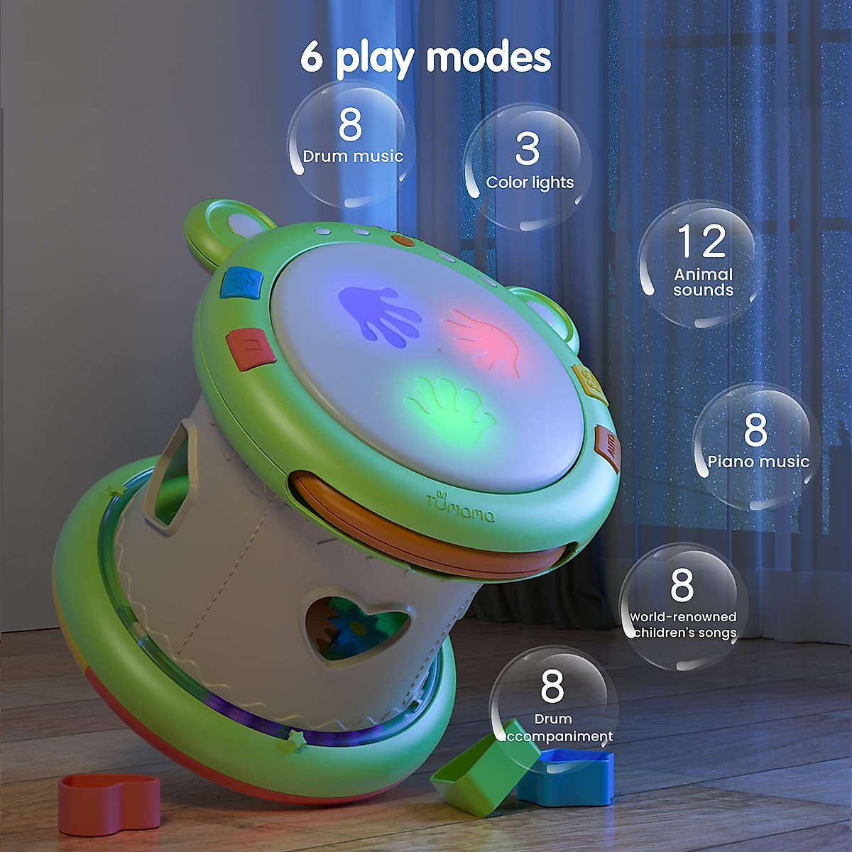 TUMAMA Baby Drum 3 in1, Baby Light Up Toys with Sounds, Musical Toys for Toddlers 1-3, Baby Musical Toys for Girls Boys, Green Toddler Drum