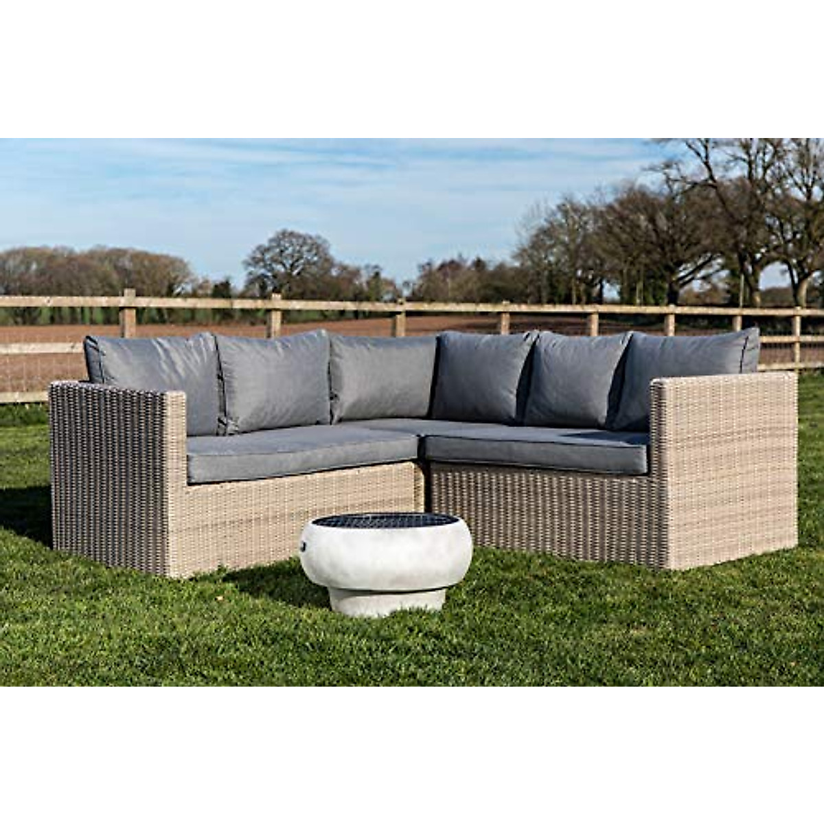 Teamson Home MGO Light Concrete Round Charcoal and Wood Burning Fire Pit for Outdoor Patio Garden Backyard with Spark Screen, Fireplace Poker, Grate, and BBQ Grill, Light Gray