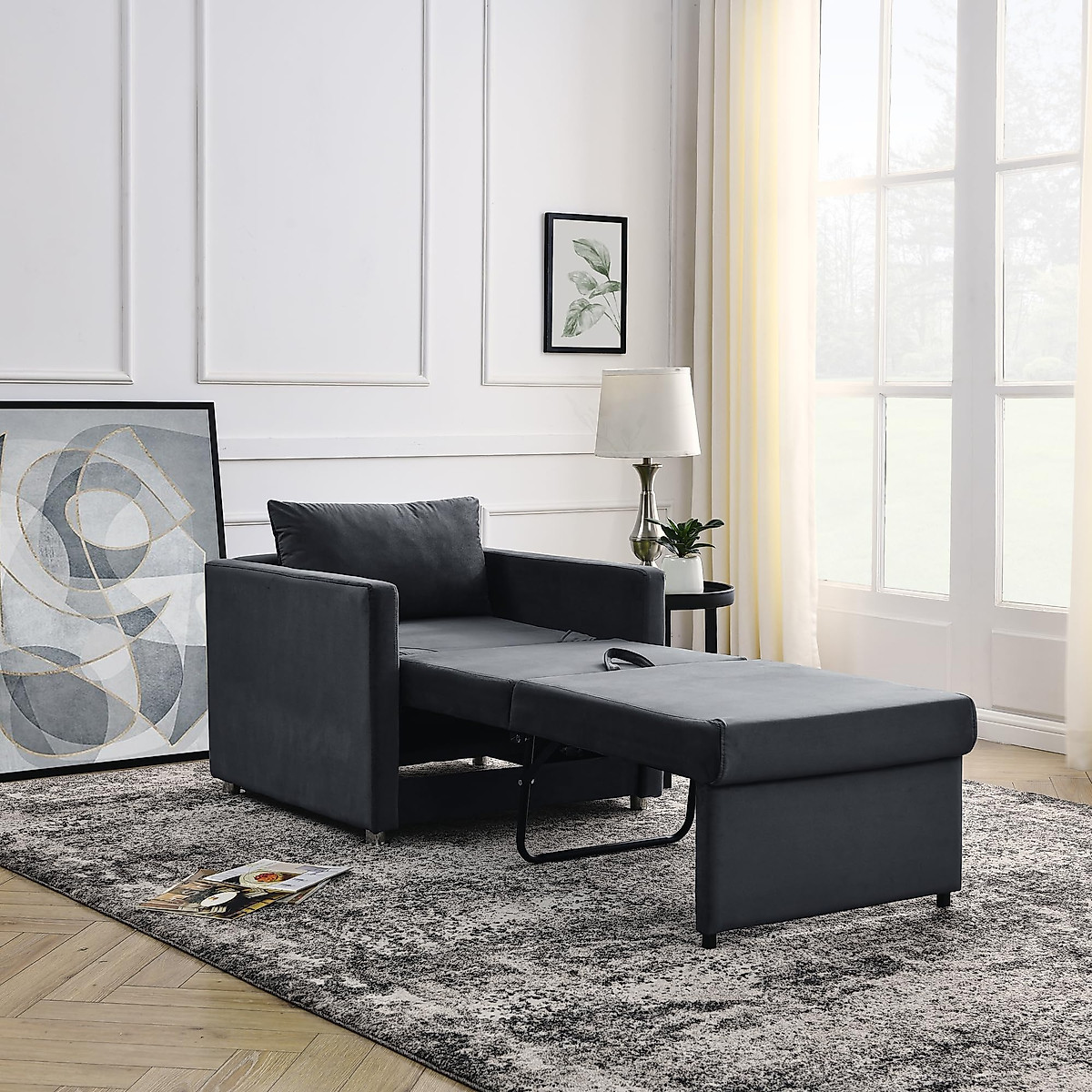 Futon Folding Single Chair Bed,Convertible Sleeper Sofa 2-in-1 Pull Out Lounge Chair Beds with Pillow&Pocket for Living Room Apartment Office（Grey）