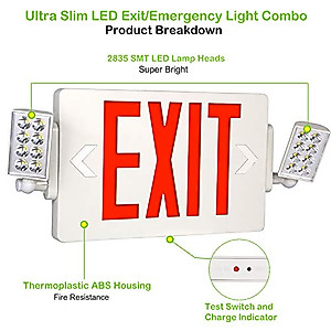 Hykolity Red Exit Sign, 120-277V Double Face LED Combo Emergency Light with Adjustable Two Head and Backup Battery - 4 Pack