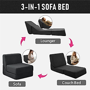 Redlife Foldable Lazy Sofa Chair, 3 in 1 Lounge Chair Indoor, Memory Foam Fold Out Chair Furry Floor Sofa Convertible Bean Bag Sofa Bed for Bedroom, Living Room(Black)