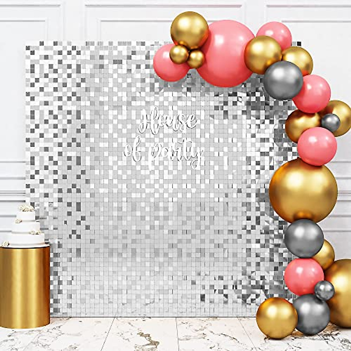 HOUSE OF PARTY Silver Shimmer Wall Backdrop -36 Panels Square Sequin Shimmer Backdrop for Birthday Wedding Anniversary Engagement Baby Shower & Bachelorette Decorations Party