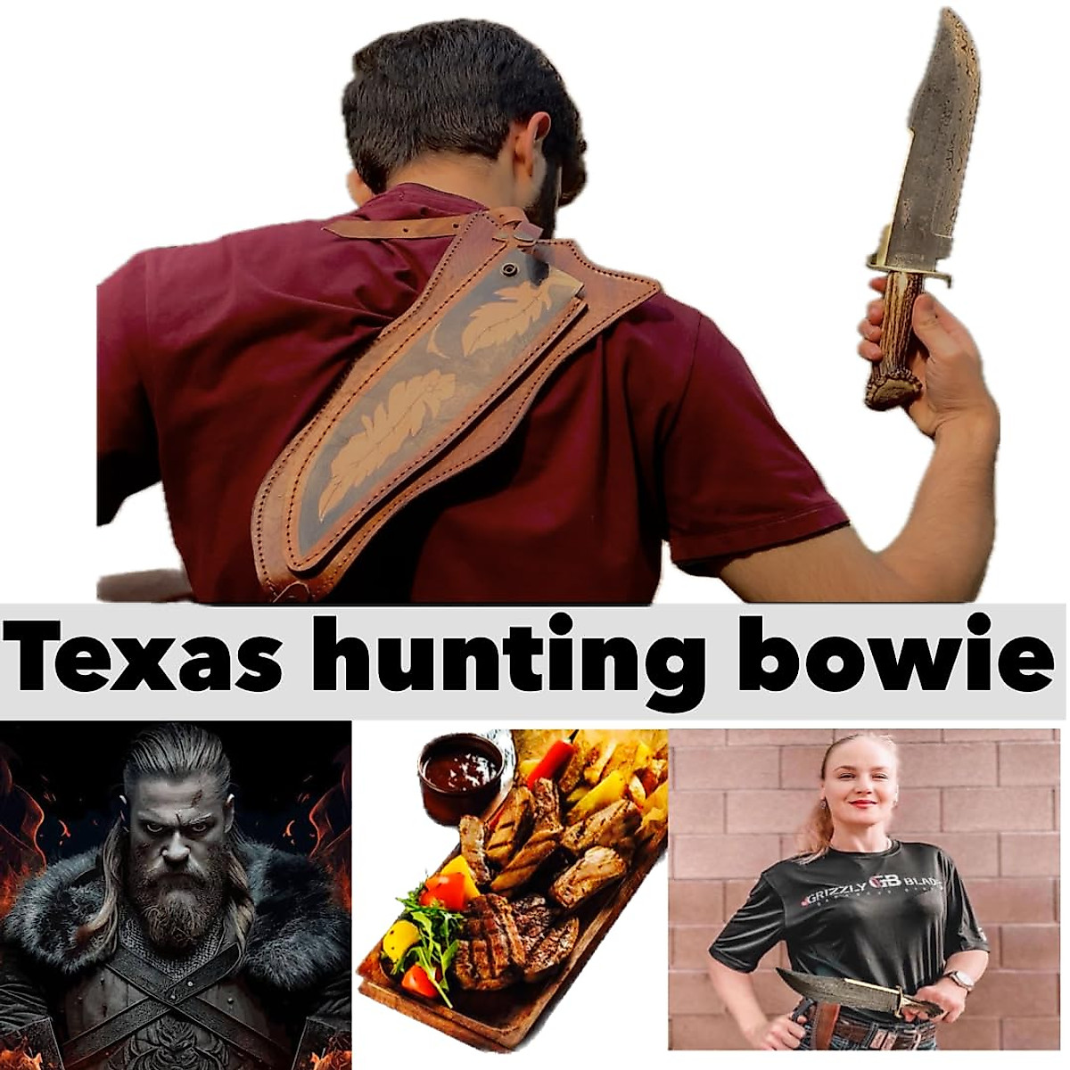 NoonKnives: 15.5" Hand Made Damascus Steel Collectible TEXAS Bowie Knife Handle Brass clip with stag horn