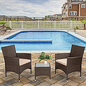 3 Pieces Patio Furniture Set Outdoor Wicker Bistro Set Rattan Chair w/ Thickened Cushions & Table Conversation Sets Patio Sofa Wicker Table Set for Yard Backyard Lawn Porch Poolside Balcony, Khaki