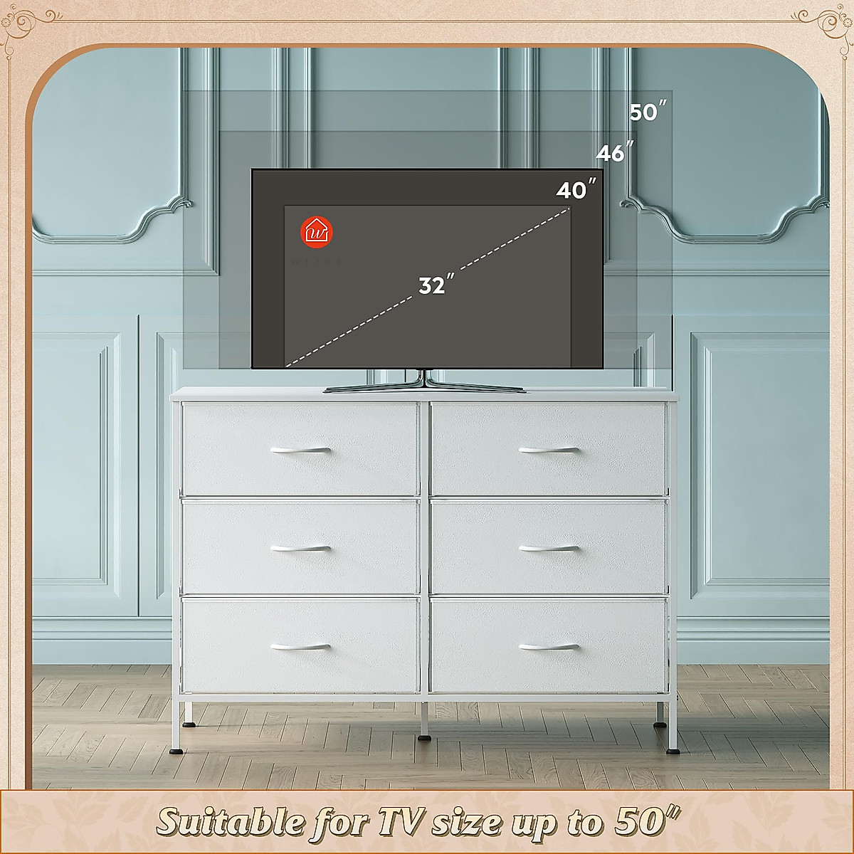 WLIVE Wide Dresser with 6 Drawers, TV Stand for 50" TV, Entertainment Center with Metal Frame, Wooden Top, Fabric Storage Dresser for Bedroom, Hallway, Entryway, White