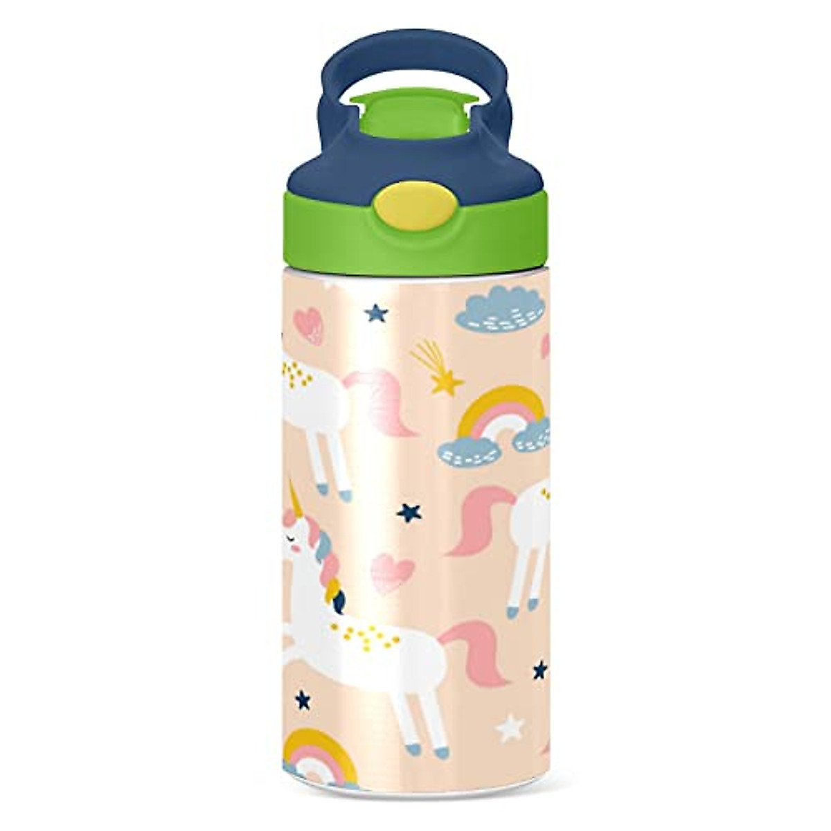 Unicorns Star Heart Kids Water Bottle, BPA-Free Vacuum Insulated Stainless Steel Water Bottle with Straw Lid Double Walled Leakproof Flask for Girls Boys Toddlers, 12Oz