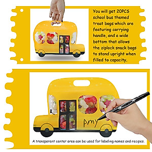 AOKELEON 20 Pcs Yellow School Bus Goodie Bags Plastic Gift Candy Bags with Handle Resealable Ziplock Treat Bags with Stand-up Bottom Back To School Party Favor Birthday Bags For Kids