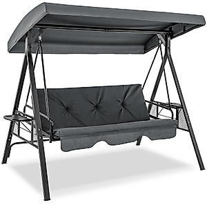 Tangkula 3 Person Porch Swing, 2-in-1 Convertible Patio Swing Bed with Adjustable Canopy, 2 Cup Holder Table, Soft Seat & Back Cushions, Outdoor Swing for Backyard, Garden, 1000 lbs Max Load (Grey)