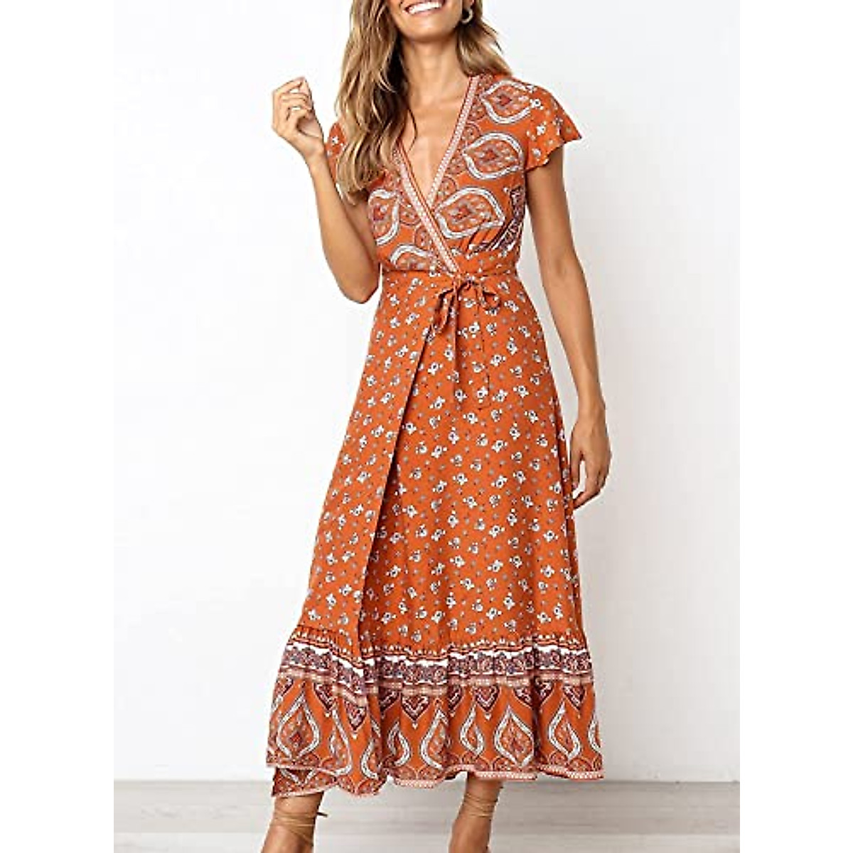 ZESICA Women's 2025 Bohemian Floral Printed Wrap V Neck Short Sleeve Split Beach Party Maxi Dress,Tangerine,Large