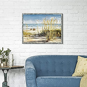 Beach Picture Wooden Artwork Framed: Coastline Wall Art Seascape Wall Decor Ocean Scene Art Prints for Bedroom 32"x24"