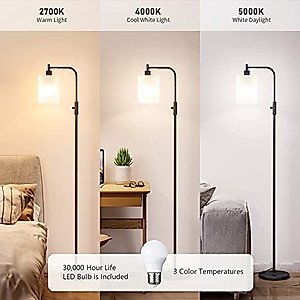 SUNMORY Industrial Floor Lamps for Living Room, Modern Floor Lamp with 3-Color Temperature LED Bulb, Tall Standing Lamp with White Frosted Hanging Glass Shade, Farmhouse Black Floor Lamp for Bedroom