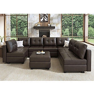 HONBAY Modular Sectional Couch with Storage, U Shaped Couch with Ottomans and Chaises Faux Leather 8-Seater Sectional Sofa for Living Room, Brown