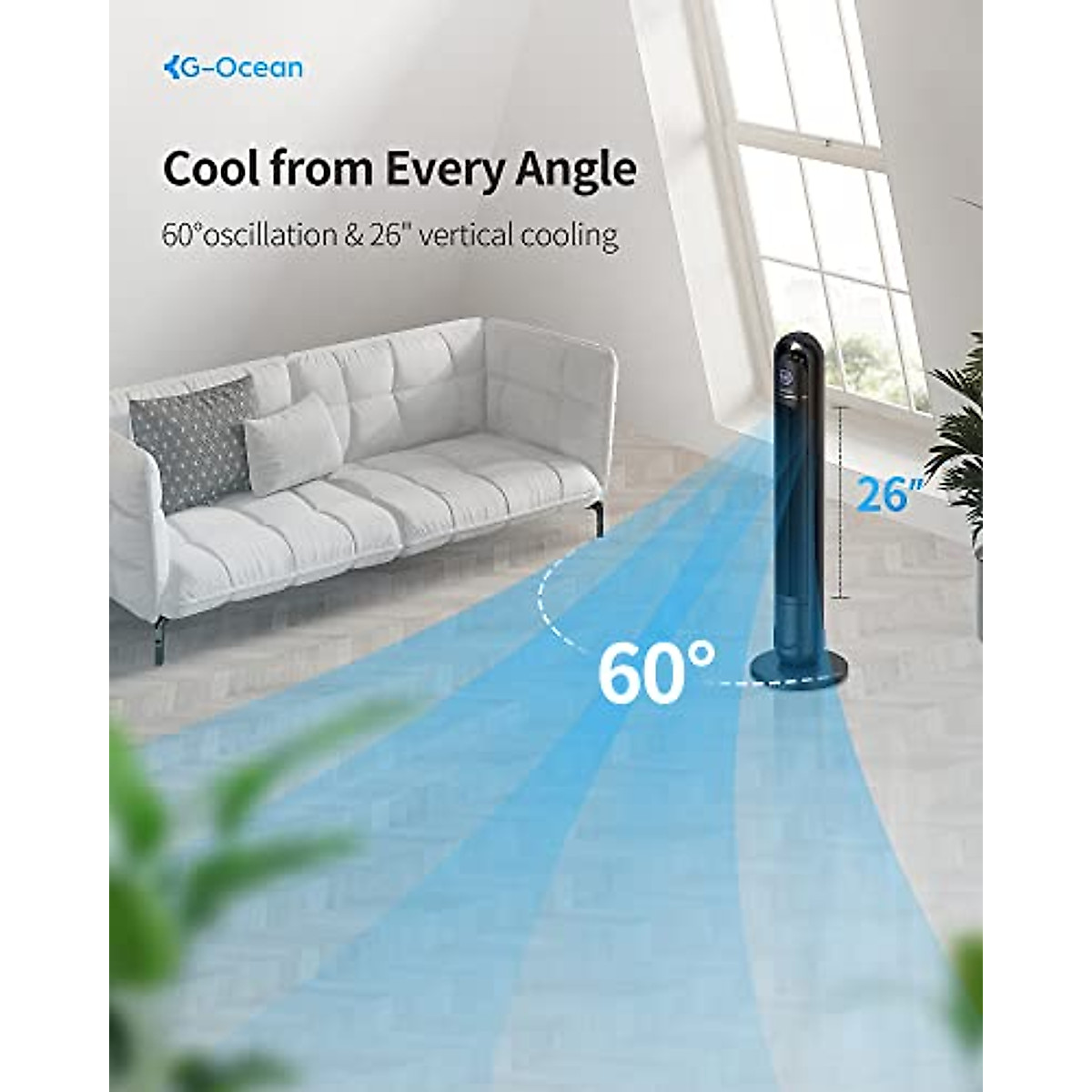 Tower Fan for Bedroom- 45" Oscillating Tower Fan with Remote, Bladeless Fans with 24H Timer, Cooling Fan, 3 Speeds, 3 Modes, LED Display, Standing Floor Fan for Bedroom Living Rooms Home Office, Black