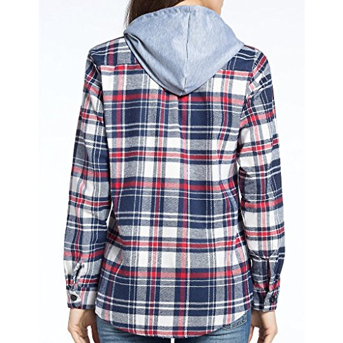 BOMDEALS Women's Classic Plaid Cotton Hoodie Button-up Check Shirts (M,Gray)