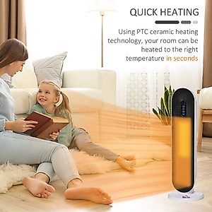 HOMCOM Ceramic Space Heater, Indoor Tower Heater with 45 Degree Oscillation, Remote Control, 24H Timer, Tip-Over and Overheating Protection, 1500W/1000W