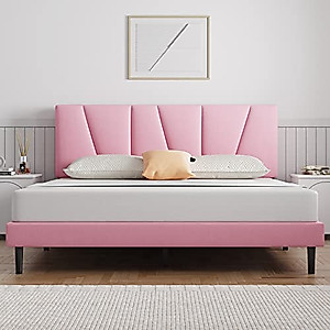 Molblly Full Bed Frame Upholstered Flannel Platform, Headboard and Sturdy Wood Strip, Strong Weight Capability, Non-Slip and Noise Free, No Box Spring Required, Easy to Assemble, Pink Full Bed