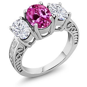 Gem Stone King 925 Sterling Silver Oval Pink Created Sapphire and Moissanite 3 Stone Ring for Women (2.80 Cttw, Available In Size 5, 6, 7, 8, 9)