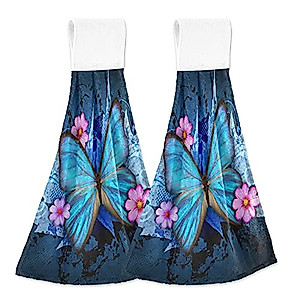 Flower Blue Butterfly Kitchen Hand Towel Bathroom Hand Tie Towel Fast Drying Dish Towels for Bath Tabletop Gym Home Decor Set of 2