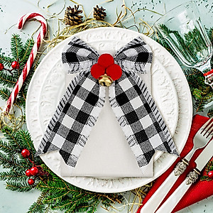 12 Pieces Christmas Silverware Holder Burlap Utensil Holder Xmas Tableware Holder Buffalo Plaid Cutlery Fork Bag for Christmas Party Dinner Tableware Decoration (Black and White)