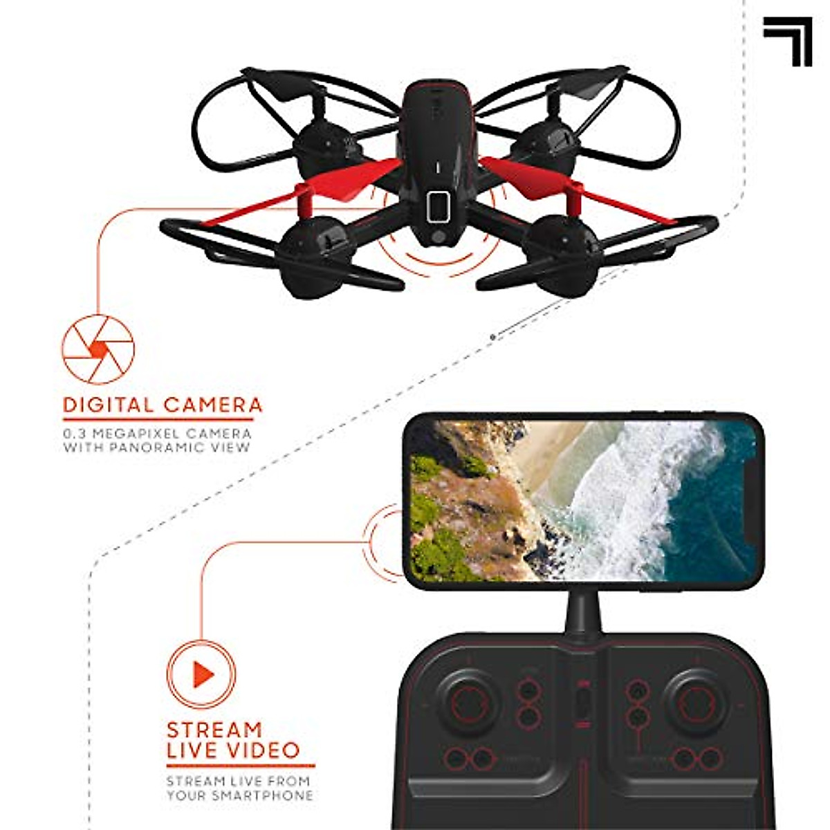 Sharper Image 10” Mach X Long Range Drone with Streaming Camera, LED Lights, 2.4 GHz, Auto-Orientation, Assisted Landing and Gyro Stabilization Control, Capture Panoramic Videos, Rechargeable Battery, 1 Count(Pack of 1)