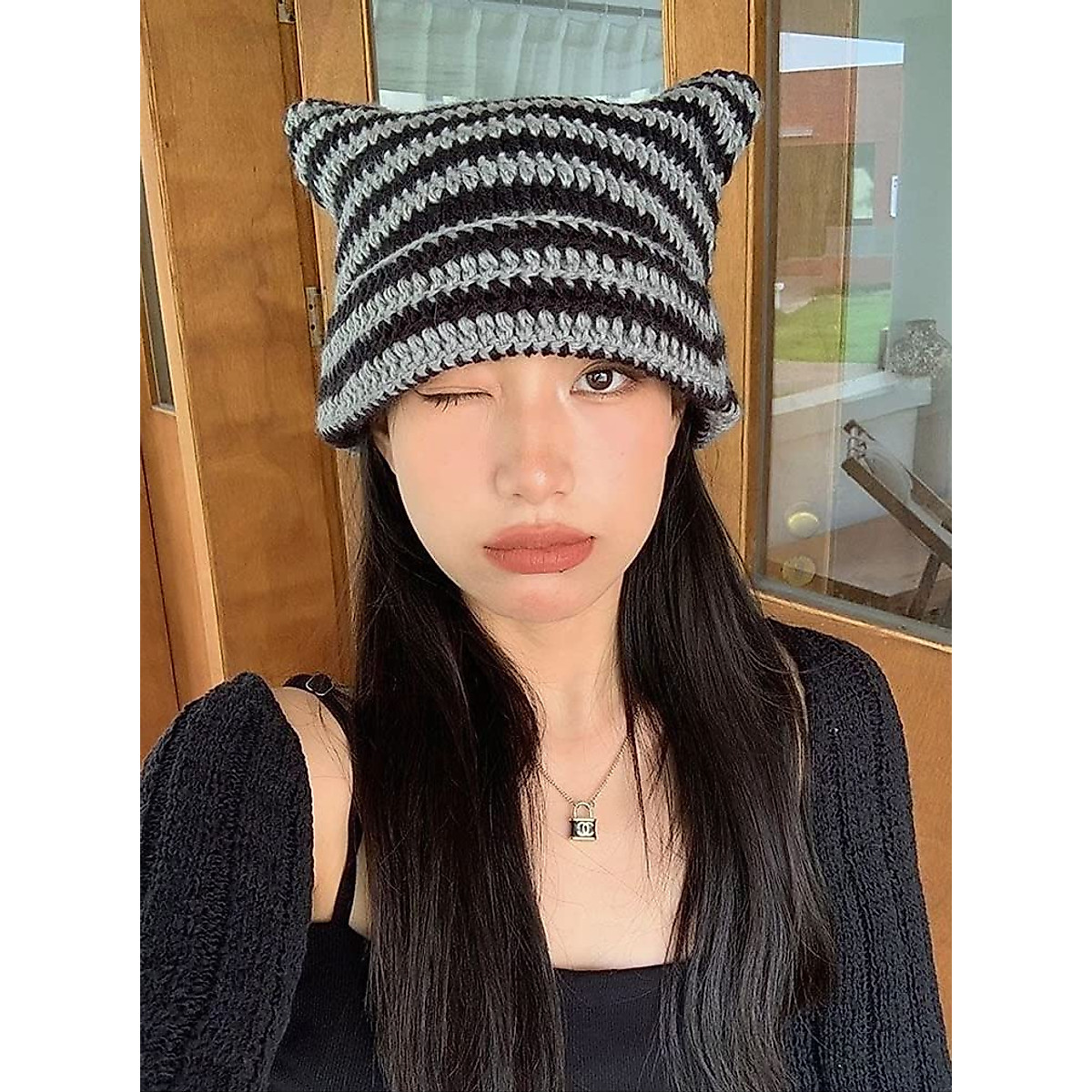 Women Harajuku Knitted Crochet Hats Striped Cat Beanie Grunge Accessories Slouchy Beanies for Women Black