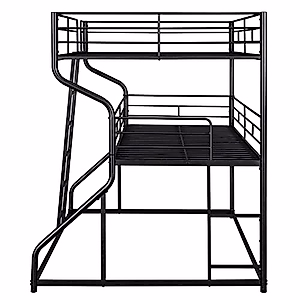KoiHome Full Over Twin Over Queen Size Triple Bunk Bed with 2 Ladders, Metal Low Bed Frame with Full-Length Guardrail for Kids Teens Girls Boys Bedroom, Space-Saving, No Box Spring Needed, Black