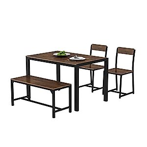 FUILIAY 4 Piece Wooden Dining Set for Kitchen, Home Dining Room, Rectangular Table with Bench and 2 Chairs, Steel Frame - Brown