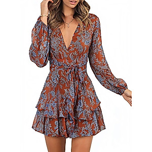Dokotoo Womens Ladies Casual Summer Birthday Spring Ruffle Elegant Floral Long Sleeve Tie Knot V Neck Cute Chiffon Boho Beach Tunic Swing A Line Mini Short Skater Dresses for Women 2024 Red Large